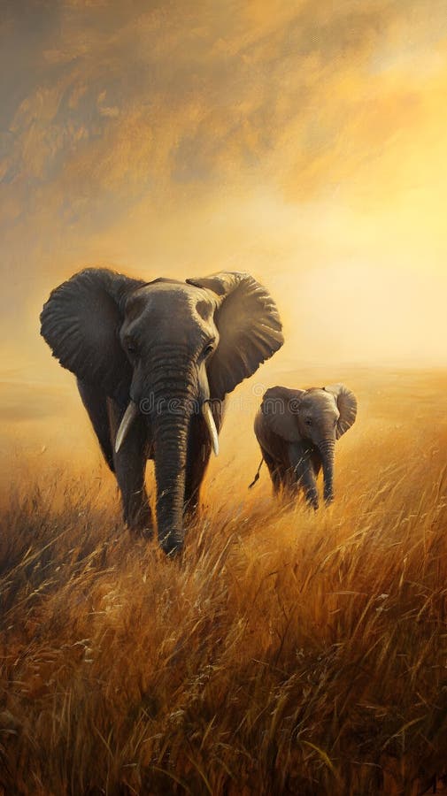 Elephants at Dawn Wisdom and Legacy Oil Painting Stock Illustration ...