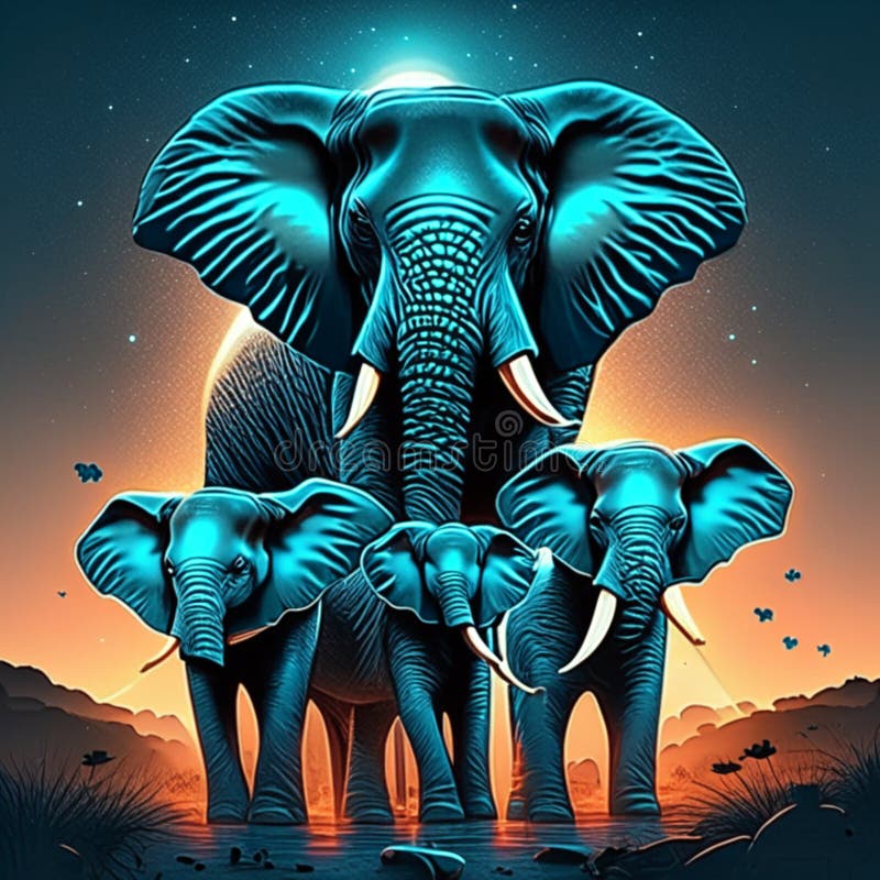 Elephants in the Desert at Night. Vector Illustration of Wild Animals ...