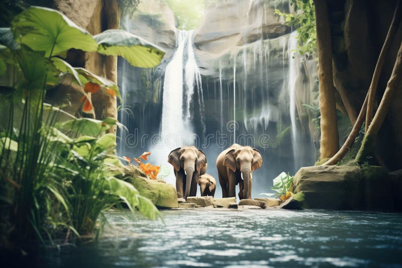 Elephants in a Jungle Waterfall Stock Photo - Image of area, generated ...