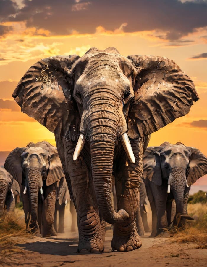 Elephants Marching at Sunset in the Savanna Stock Photo - Image of ...