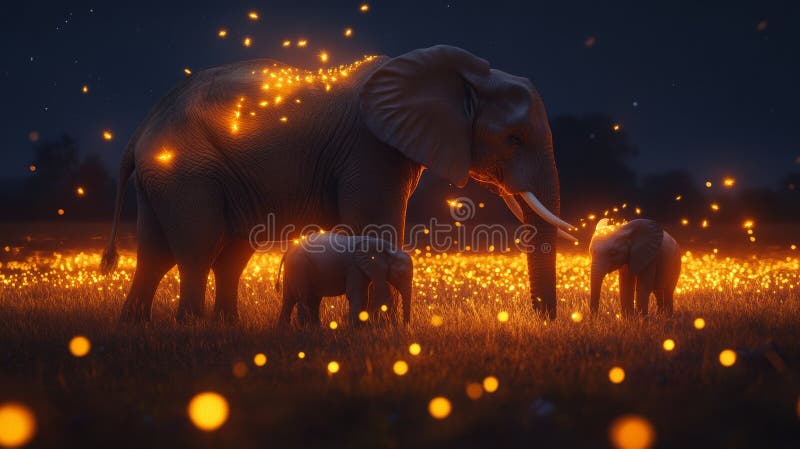 Elephants Meander through a Night Lit by the Glow of Fireflies. Stock ...