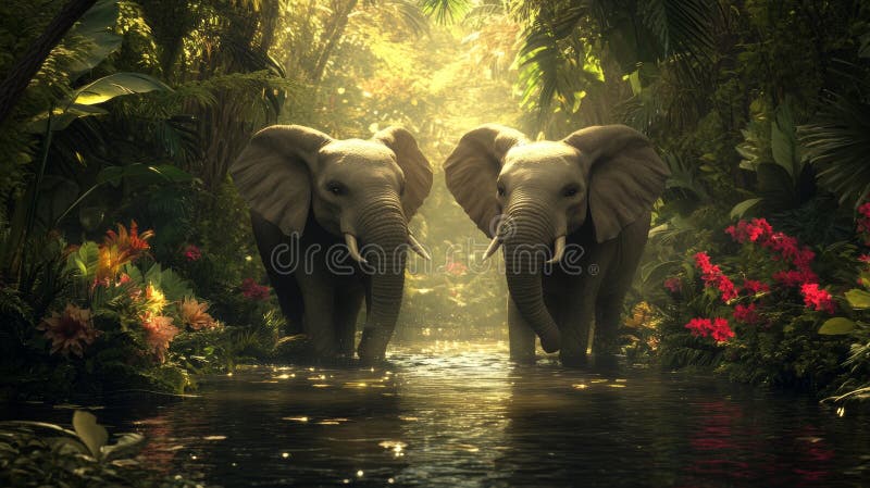 Elephants in a Multicolored River Surrounded by Thick Foliage Stock ...