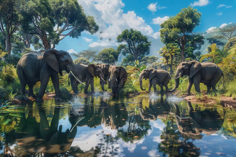 Elephants Playfully Splash in a Tranquil Pool Surrounded by Lush ...