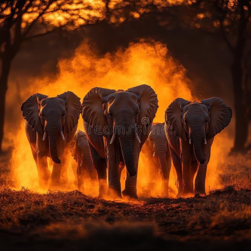Elephants Running through Dust Cloud at Sunset Stock Illustration ...