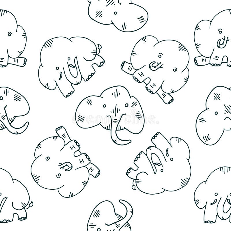Elephants Set with Different Faces in Outline Cartoon Flat Style Stock ...