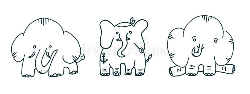 Elephants Set with Different Faces in Outline Cartoon Flat Style Stock ...
