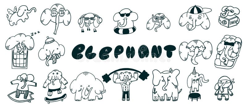 Elephants Set with Different Faces in Outline Cartoon Flat Style Stock ...