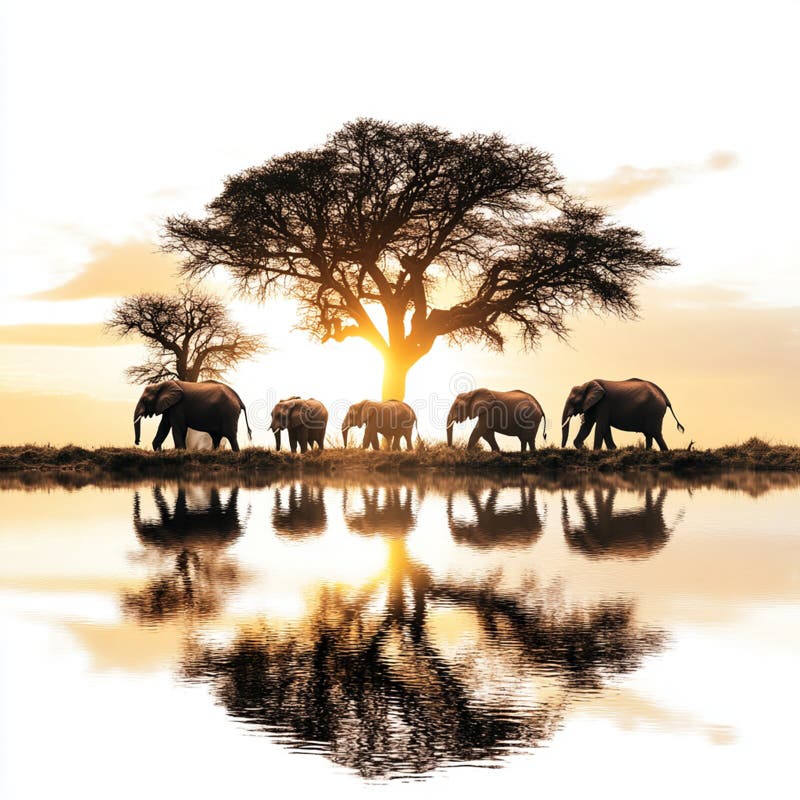 Elephants Standing on an Island with a Tree in the Water Stock ...