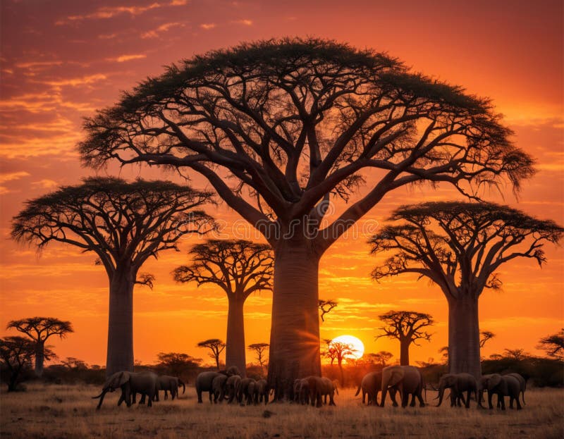 Elephants Under a Baobab Tree Sunset Orange Sky Stock Illustration ...