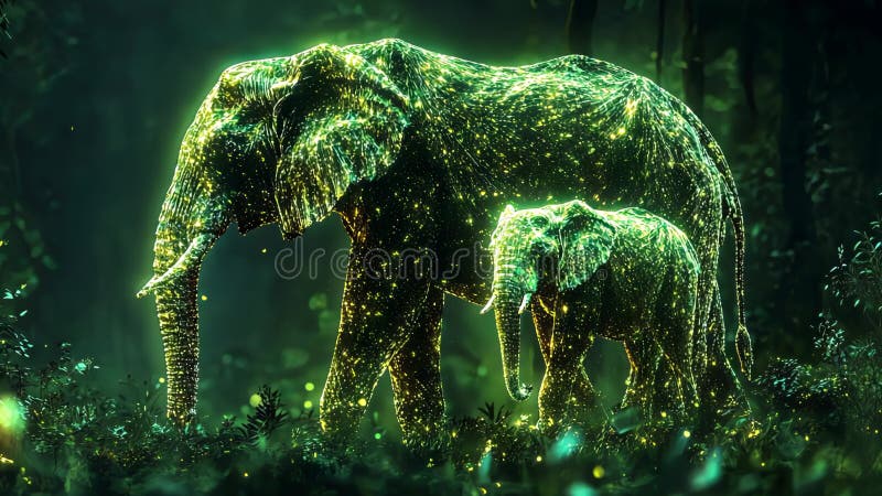 Elephants Walk through a Glowing Forest Illuminated by Shimmering Light ...