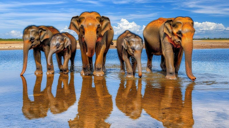 Elephants Walk Gracefully in Line Across a Shallow River Under Stock ...