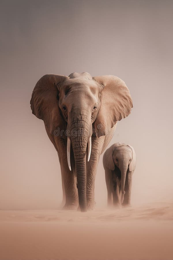 Elephants Walking in Desert, Mother and Baby Facing Forward Stock ...