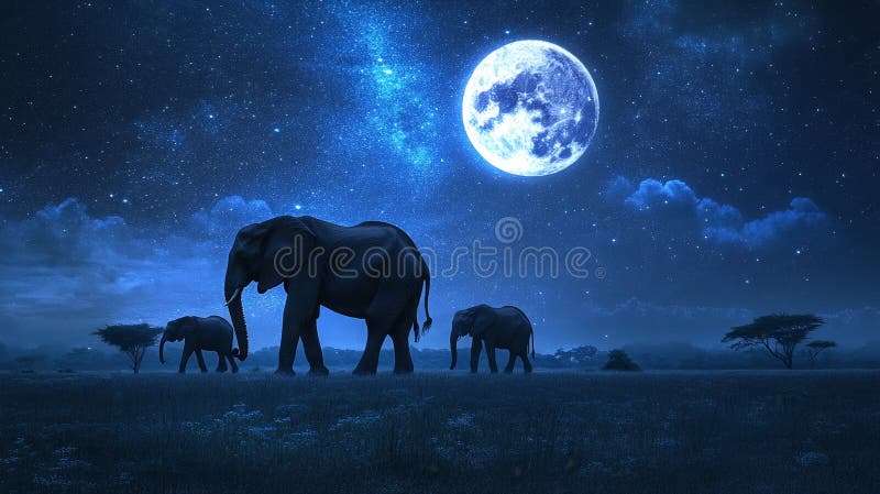 Elephants Walking Under a Bright Moonlit Night Sky Stock Image - Image ...