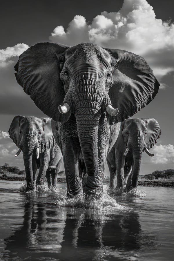Elephants Walking in Water Under Cloudy Sky Stock Photo - Image of ...