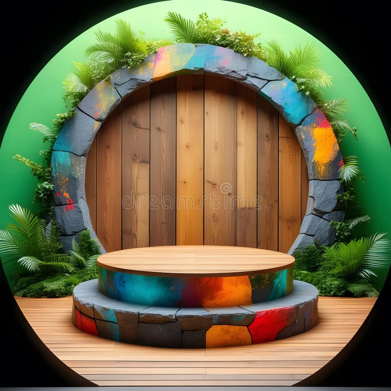 Naturally Vibrant Stone Circular Podium with Abstract Colorful Designs ...
