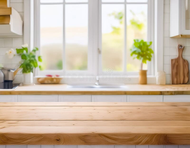 Elevate Product Display with Textured Table in Front of Blurred Kitchen ...