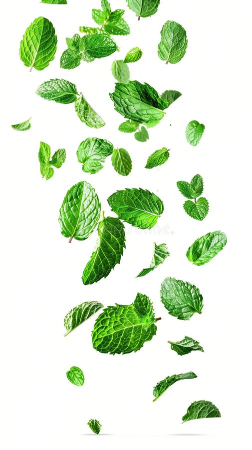Falling Fresh Mint Leaves, Isolated Aromatic Herb Leaf, Organic ...