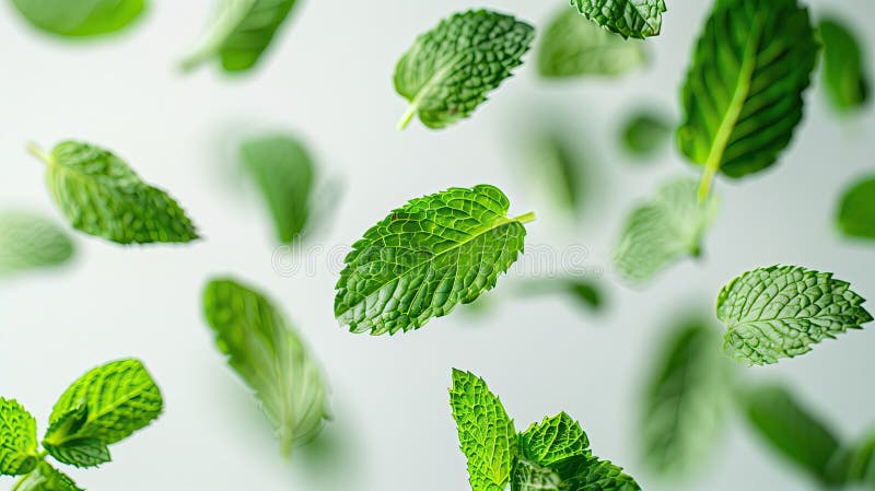 Falling Fresh Mint Leaves, Isolated Aromatic Herb Leaf, Organic ...