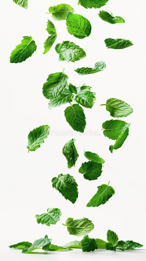 Falling Fresh Mint Leaves, Isolated Aromatic Herb Leaf, Organic ...