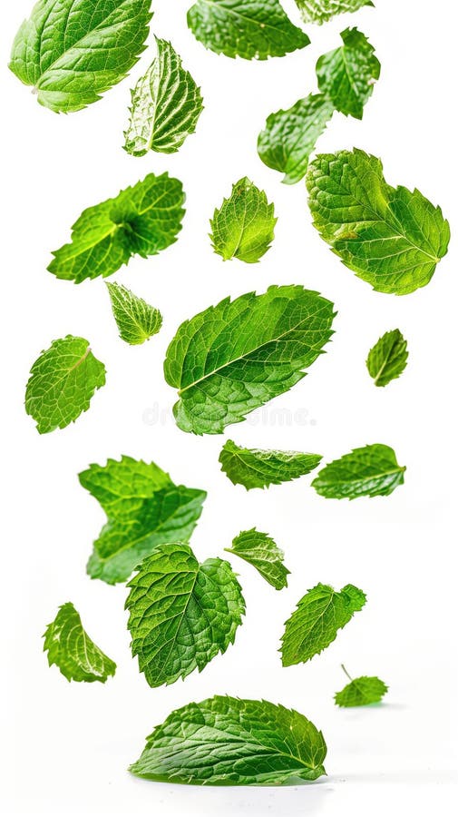 Falling Fresh Mint Leaves, Isolated Aromatic Herb Leaf, Organic ...