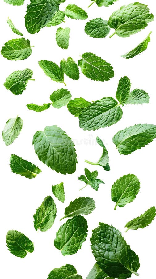 Falling Fresh Mint Leaves, Isolated Aromatic Herb Leaf, Organic ...