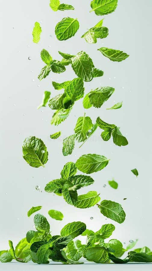 Falling Fresh Mint Leaves, Isolated Aromatic Herb Leaf, Organic ...