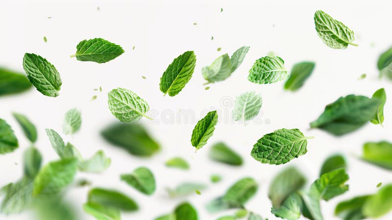 Falling Fresh Mint Leaves, Isolated Aromatic Herb Leaf, Organic ...