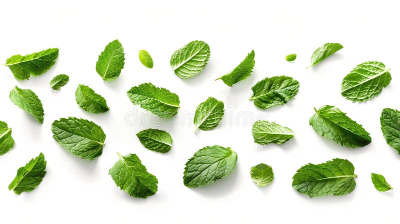 Falling Fresh Mint Leaves, Isolated Aromatic Herb Leaf, Organic ...