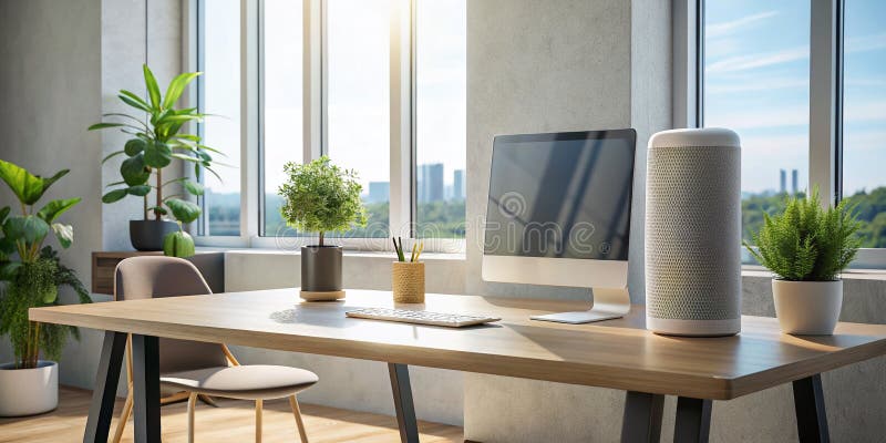 Streamline Your Home Office a Modern Workspace Desk with Smart Speaker ...