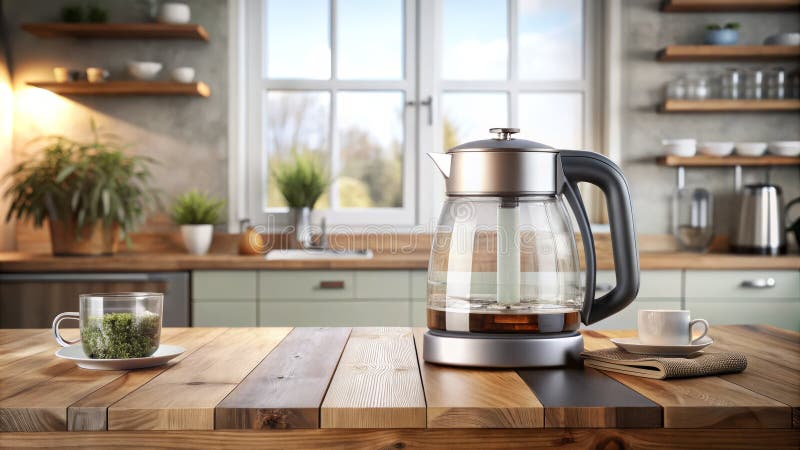 Stylish Transparent Electric Kettle on Wooden Table Perfect for Quick ...