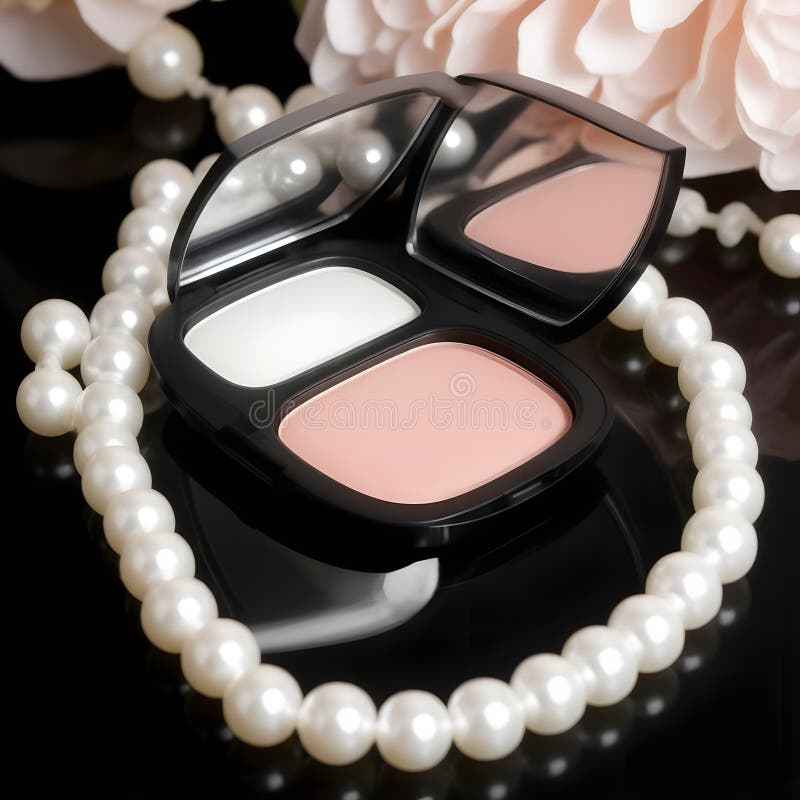 Radiant Beauty Makeup Compact with Pearls on Reflective Black Stock ...