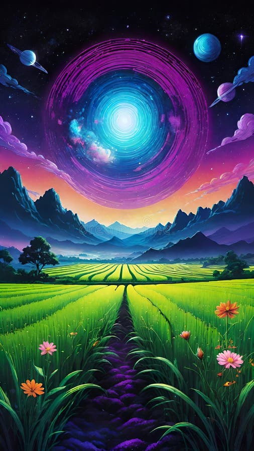 Stellar Blooms: Cosmic Skies and Flowering Fields Stock Illustration ...