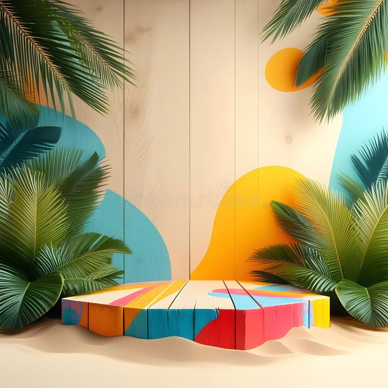 Vibrant Palm Leaf Podium in Wooden Square Design Stock Illustration ...
