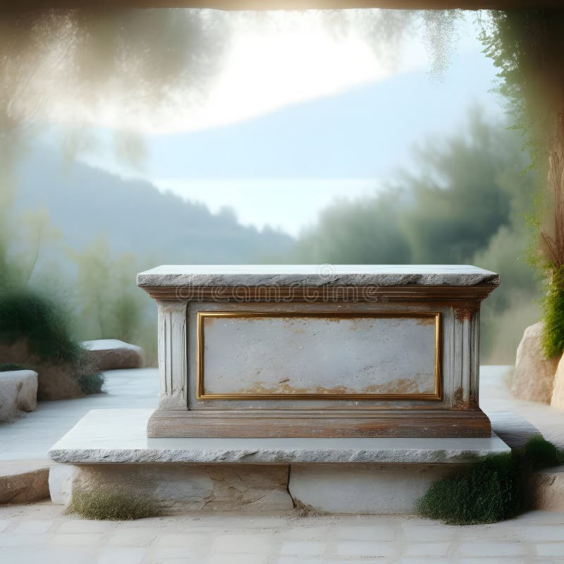 Ethereal Stone Podium with Aged Wood and Brass Accents Stock ...