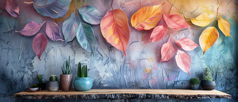 Elevate Your Space with Large Pastel Painted Leaves on a Textured Wall ...