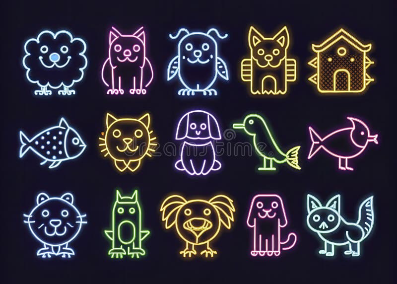 Downloadable Square Line Art Animal Icons Adorable Pets in LowLight ...