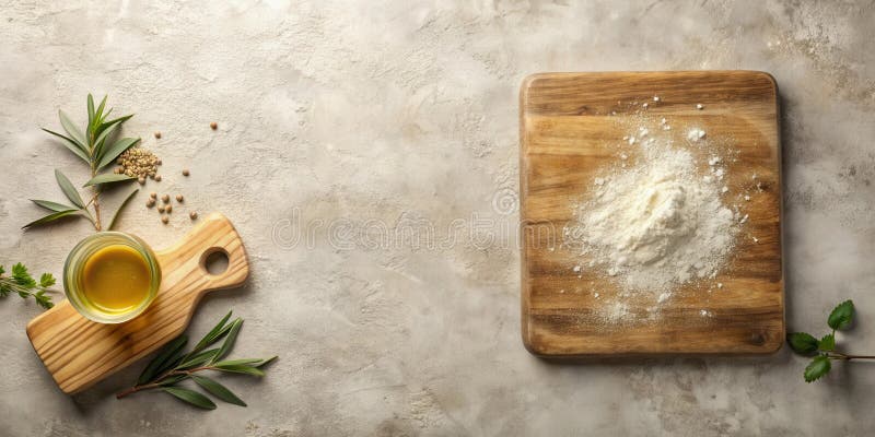 Elevated Baking Preparation Flour, Oil, and Herbs on Rustic Boards ...
