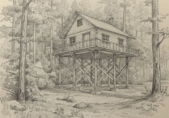 Elevated Cabin in a Dense Forest, Supported by Wooden Stilts. the ...