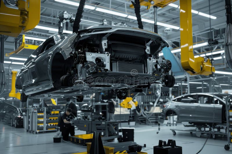 Elevated Car in Repair Station with Tools, Engine Display High Quality Automotive Work Scene ...