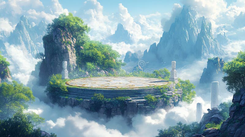 Elevated Circular Platform Amidst Misty Mountains Stock Illustration ...