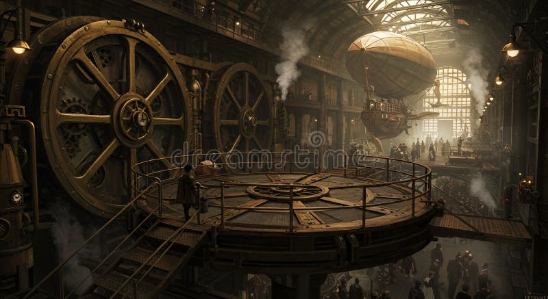 Elevated Circular Platform in Steampunk Industrial Setting Stock ...