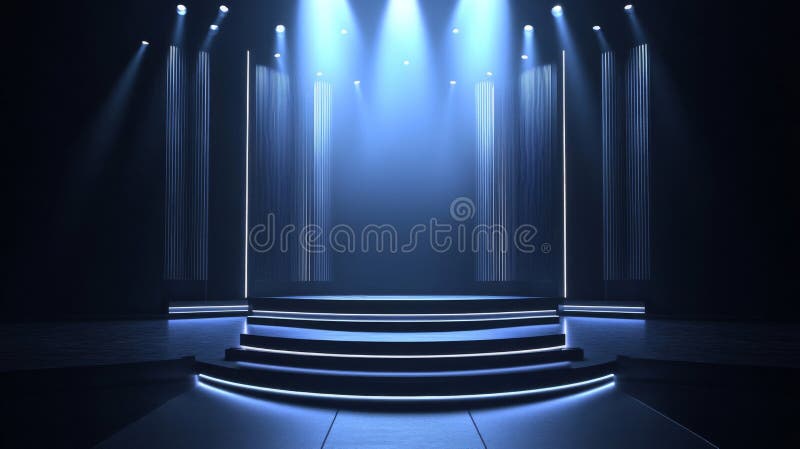 Elevated Circular Stage with Blue Spotlights and Dark Background Stock ...