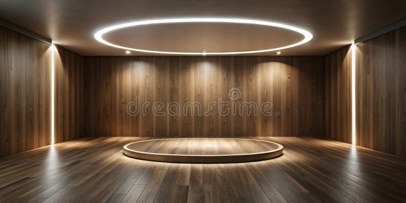 Elevated Circular Wooden Platform in Modern Room with Warm Lighting ...
