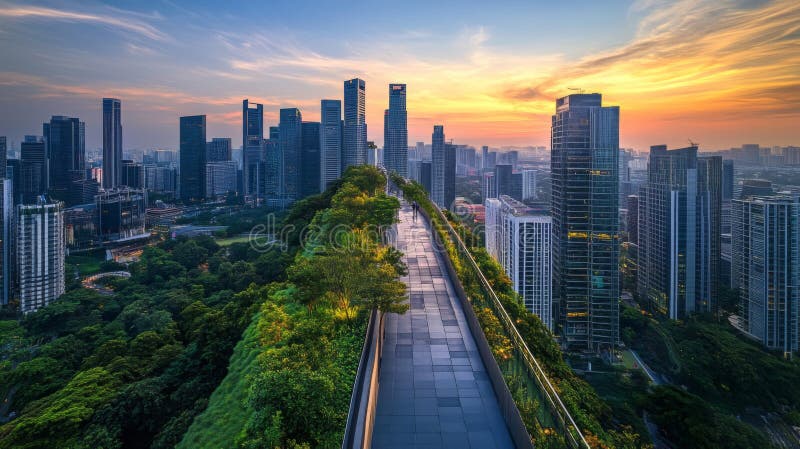 Elevated City Park Pathway at Sunset Stock Illustration - Illustration ...