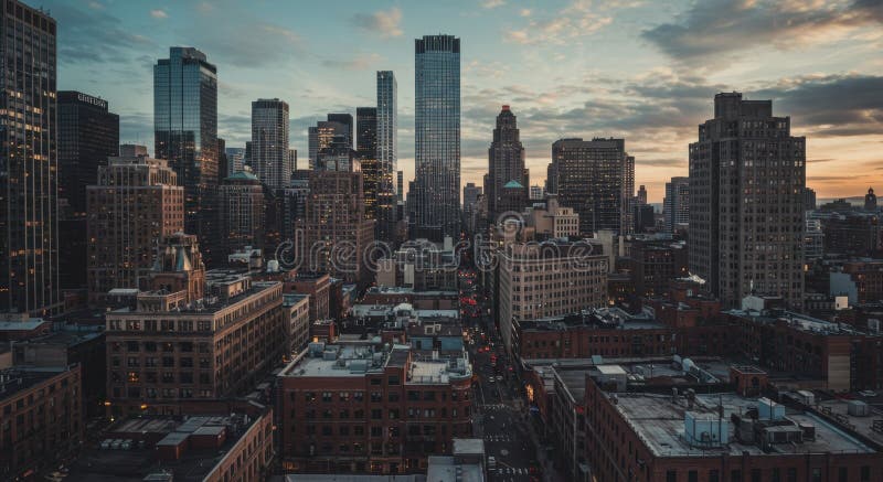 Elevated City Skyline at Sunset Stock Illustration - Illustration of ...