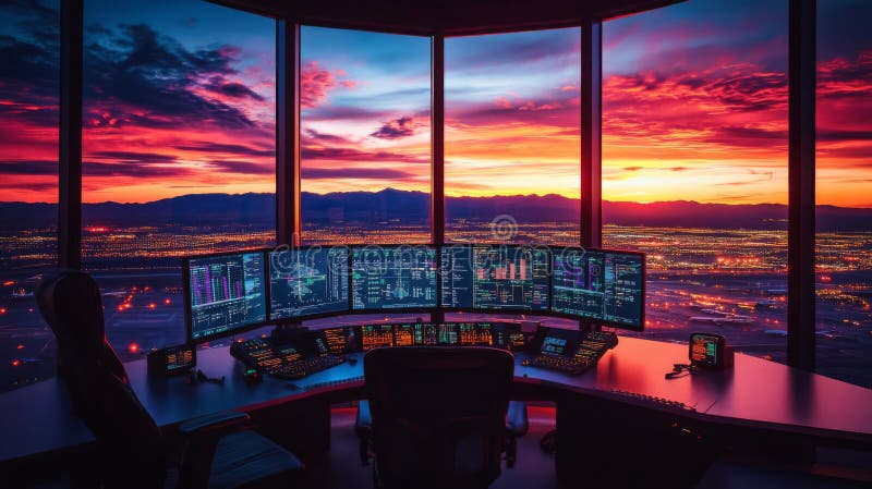 Elevated City Sunset View from Control Room Stock Illustration ...