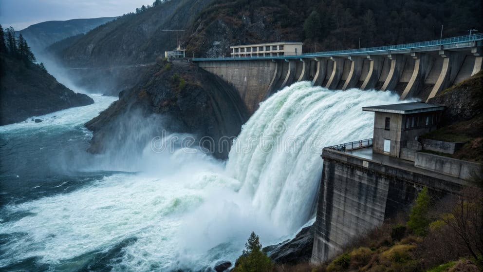 Elevated Dam Overflow Concrete, Water, Power Stock Illustration ...