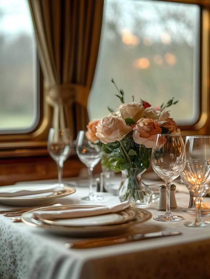 Elevated Dining Experience Aboard a Luxurious Train Setting with Floral ...