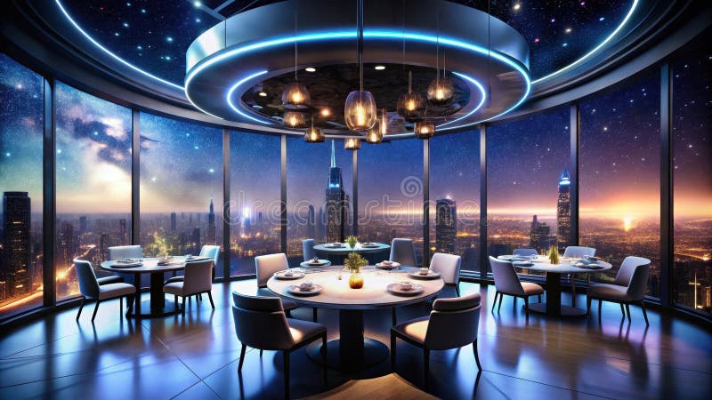 Elevated Dining Experience with Panoramic Night Cityscape and Starry ...