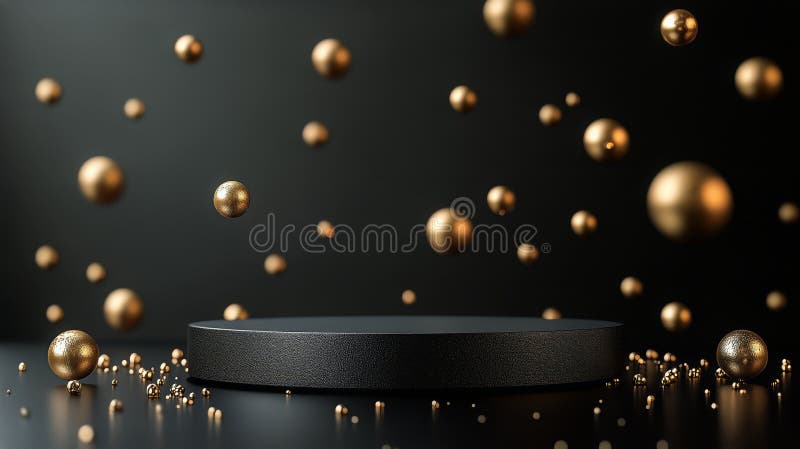 Elevated Display with Golden Spheres Against a Dark Background in ...